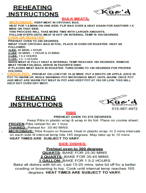 Reheating Instructions | Kue'd Smokehouse